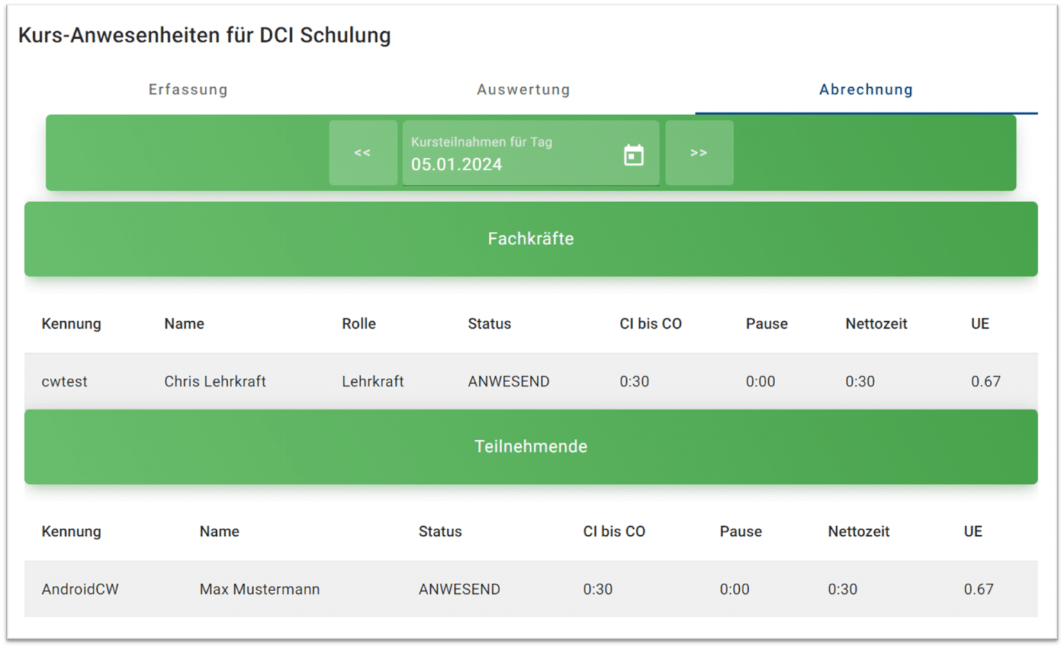 Abrechnungs-Report je Kurstag - DigitalCheckIn